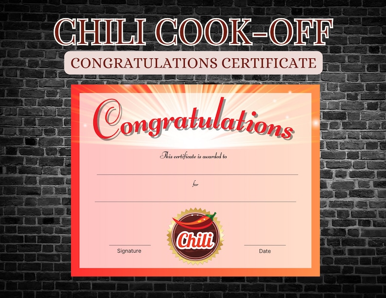 Printable Best Chili Cook-off Certificate Award, Winner of Games, Chili ...