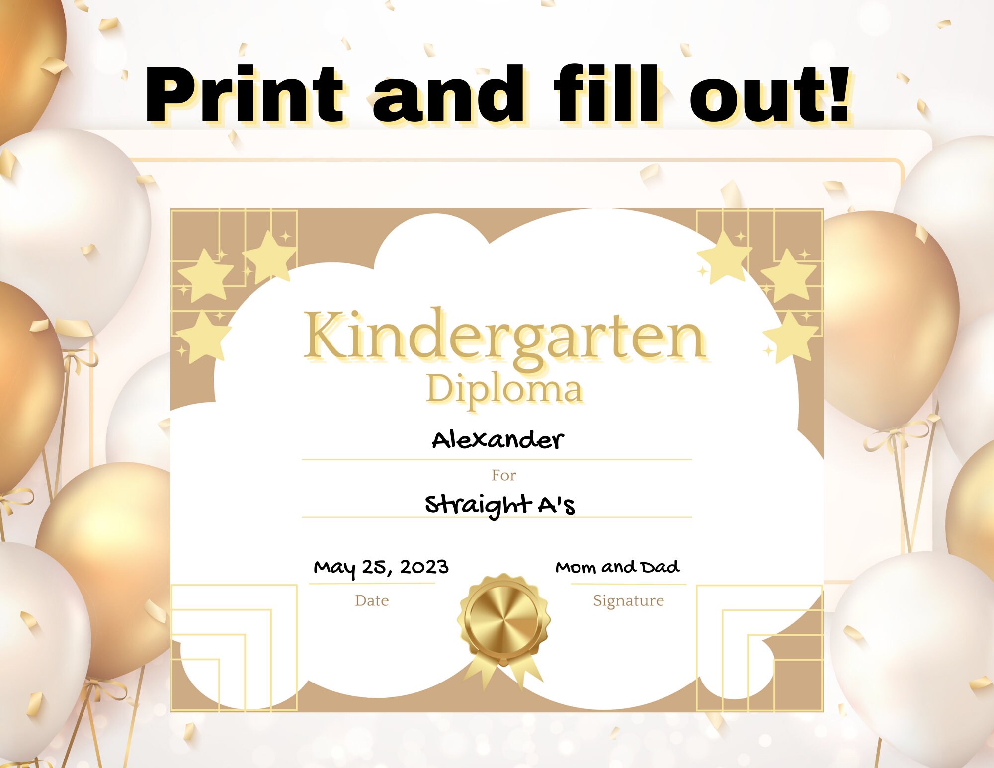 Gold Kindergarten Printable Award Certificate for Kids, Teacher Student ...