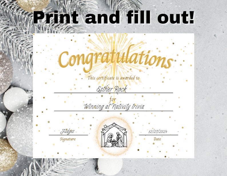 Printable Christmas Christian Certificate, Nativity Sunday School Award ...