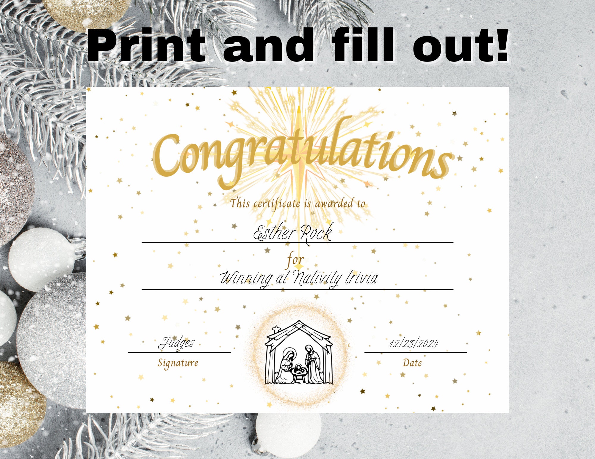 Printable Christmas Christian Certificate, Nativity Sunday School Award ...