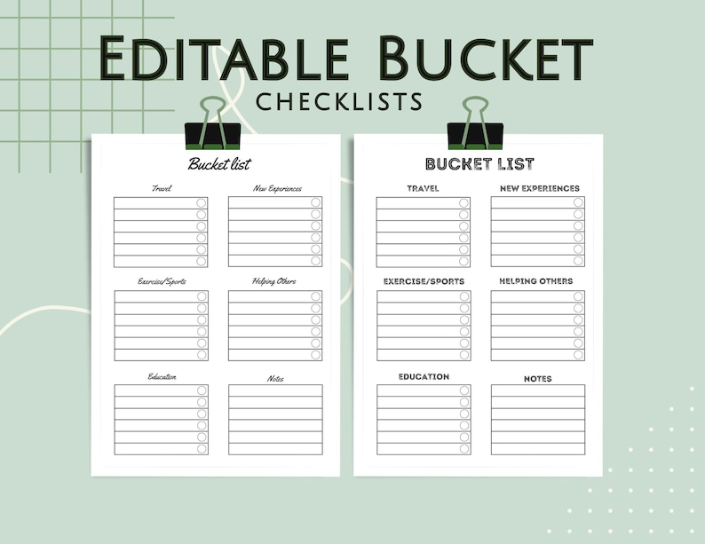 Editable Printable and Digital Bucket Checklists, Minimalist, Logs ...