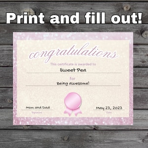 Pink Sparkly Printable Certificate for Girls, Teacher Student Child ...
