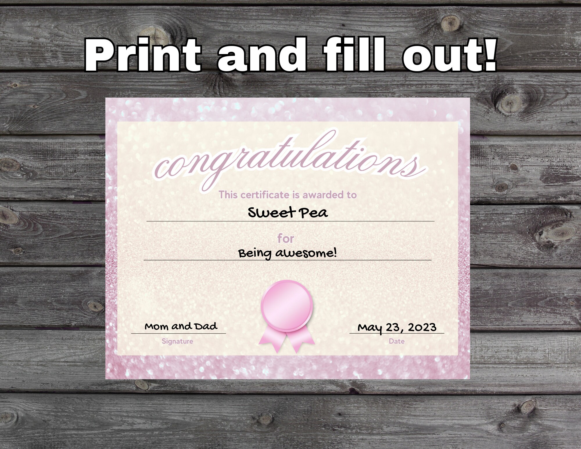 Pink Sparkly Printable Certificate for Girls, Teacher Student Child ...