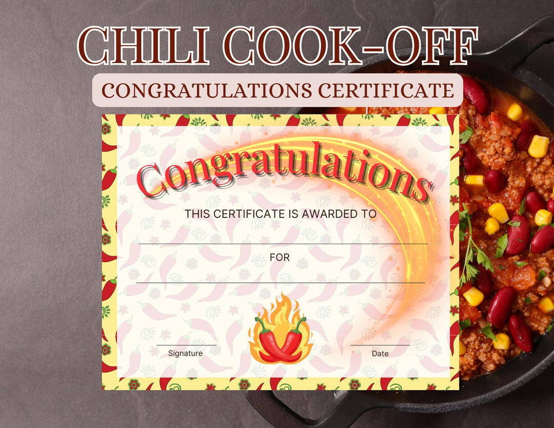 Printable Chili Cook-off Certificate Award, Winner of Games, Best Chili ...