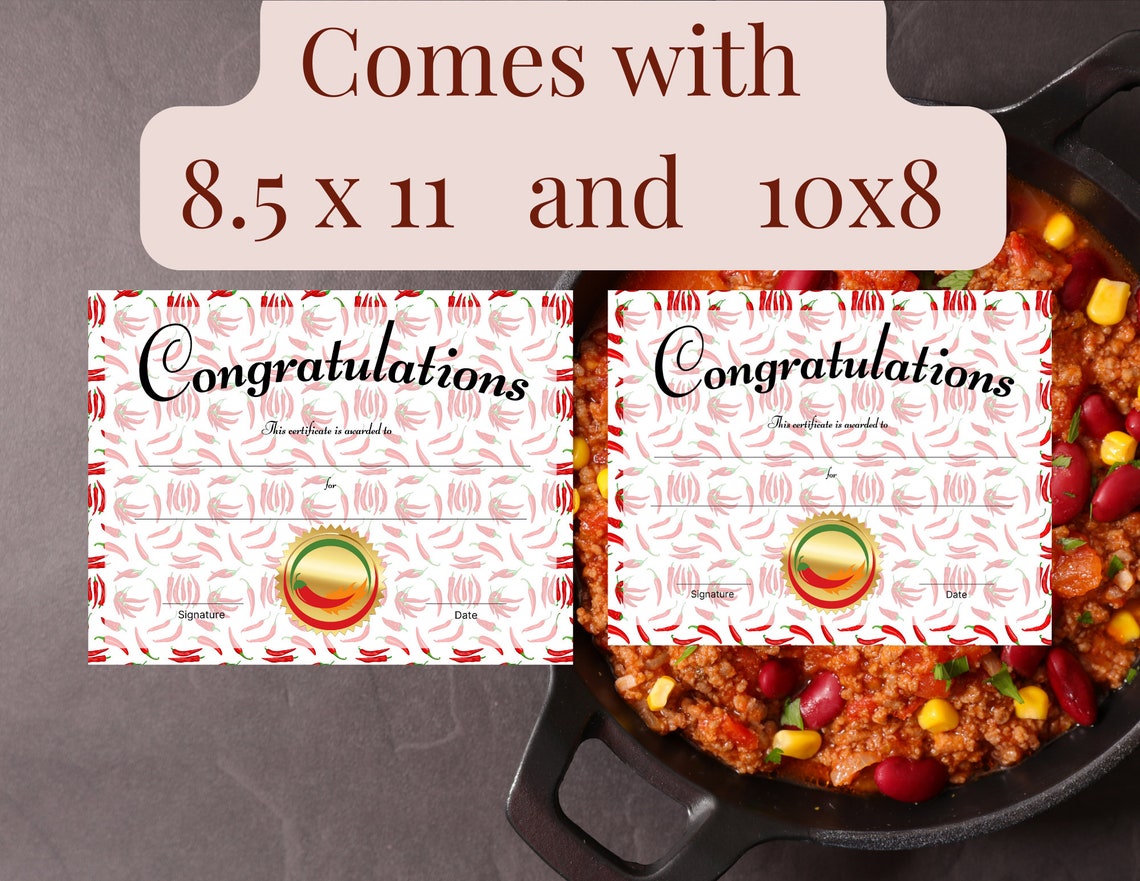Printable Chili Cook-off Certificate Award, Winner of Games, Best Chili ...
