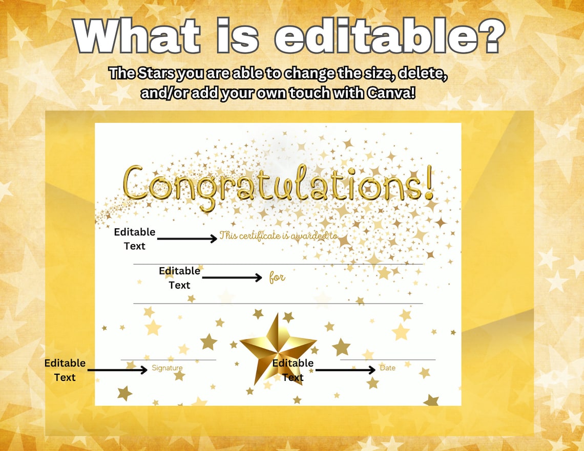 Editable Printable Award, Gold Star Certificate for Kids, Teacher ...