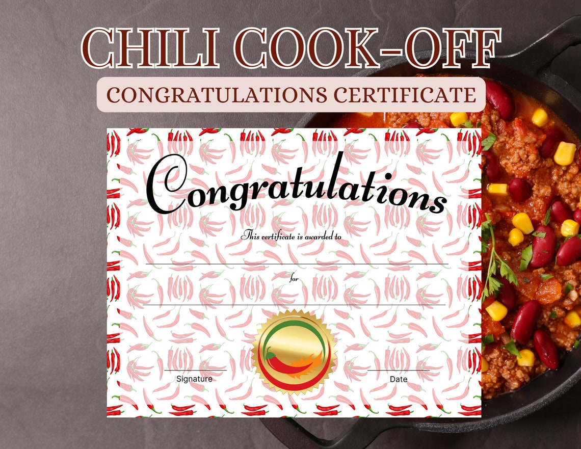 Printable Chili Cook-off Certificate Award, Winner of Games, Best Chili ...
