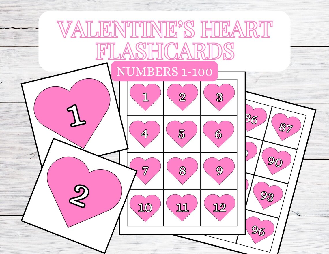 Count to 100 Numbers Flashcards, Valentines Day Learning Numbers, DIY ...