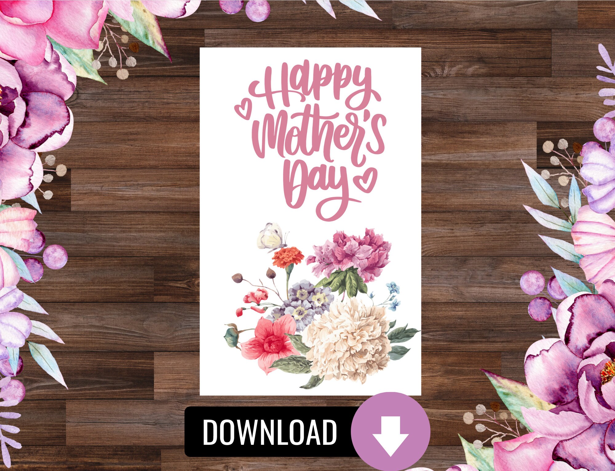 Printable Mother's Day Card Print, Floral, Watercolor Flowers, Gift for ...