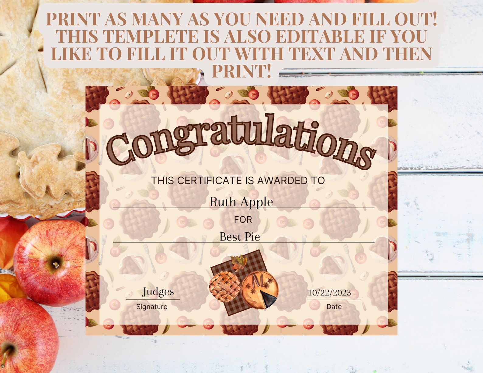 Award Certificate Printable Best Pie, Congratulations Template, Winner ...