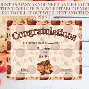 Award Certificate Printable Best Pie, Congratulations Template, Winner ...