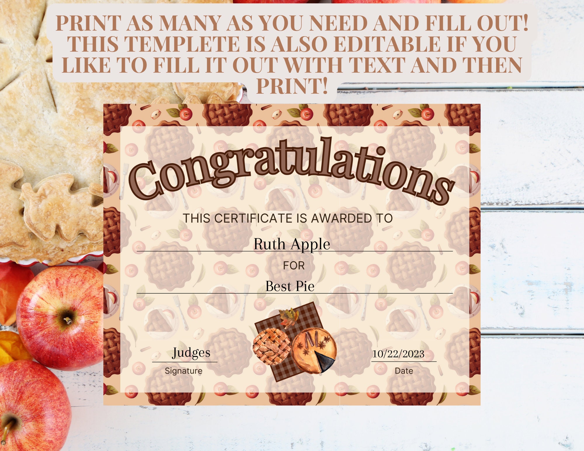 Award Certificate Printable Best Pie, Congratulations Template, Winner ...