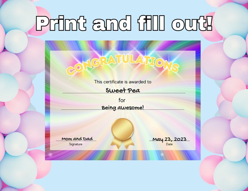 Pink Rainbow Certificate of Excellence Certificate of - Etsy