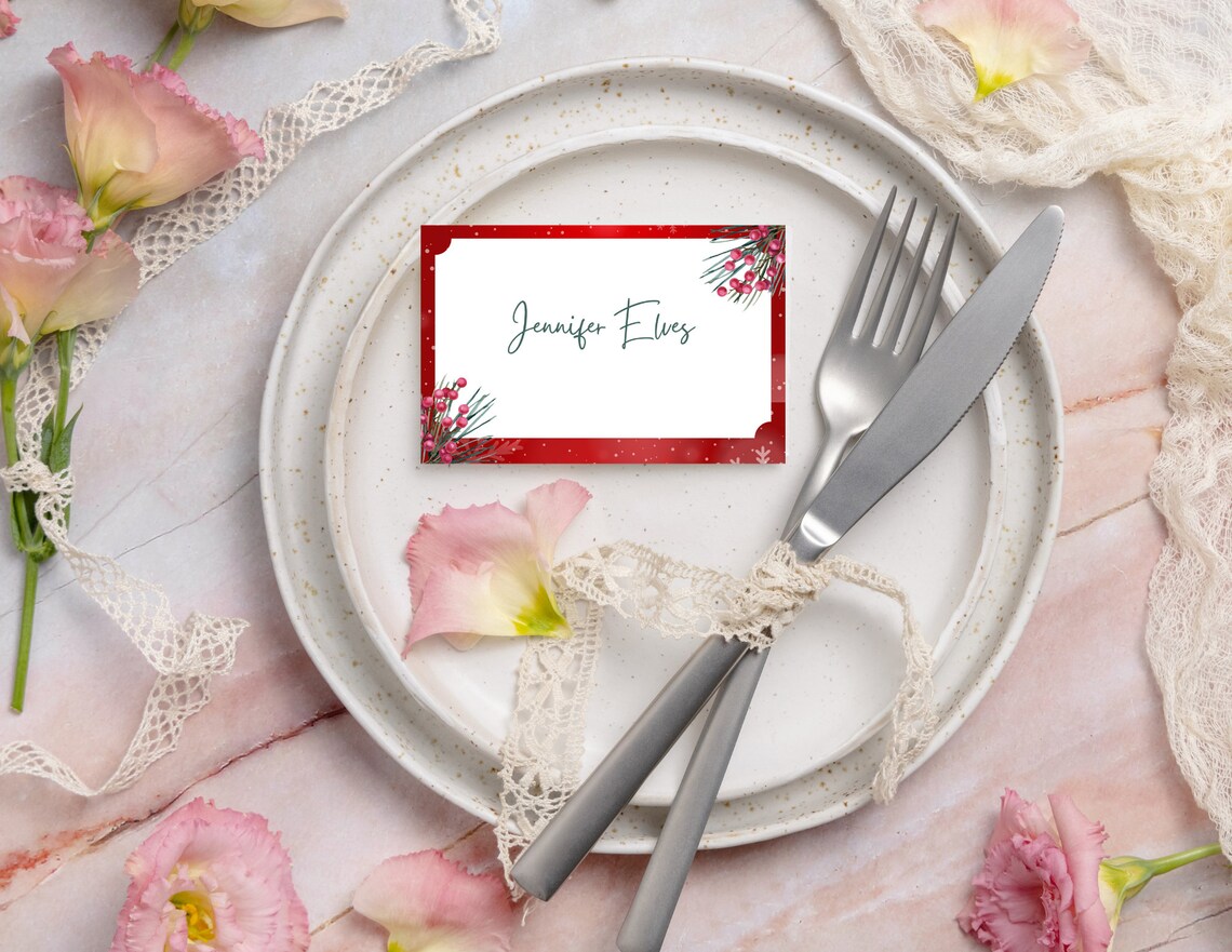 Christmas Dinner Place Card Template, Editable Canva Christmas Place ...