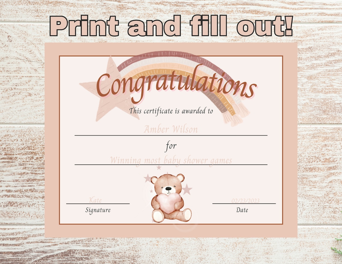 Printable Baby Shower Certificate, New Baby Certificate, Editable Printable Download Award ...