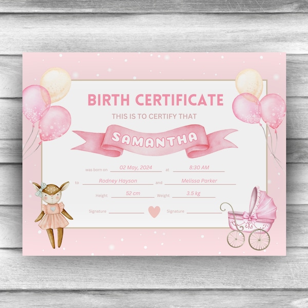 Baby Birth Certificate Template - Etsy