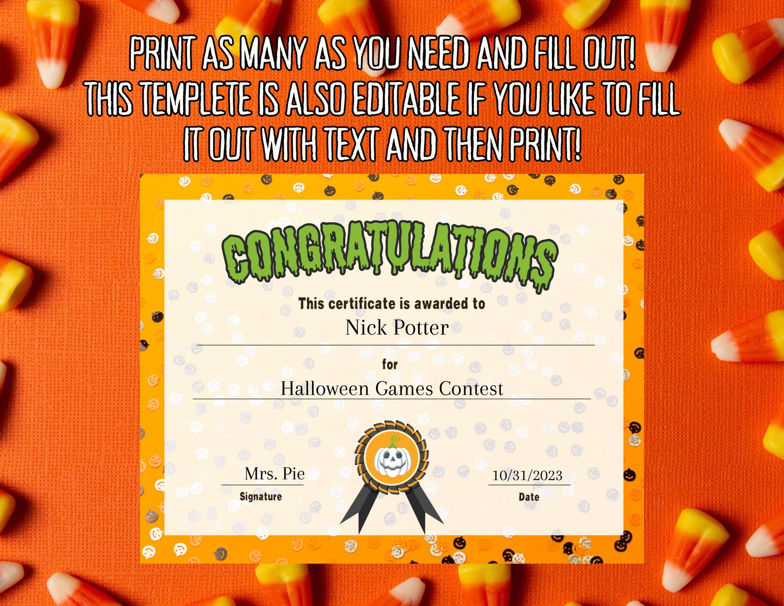 Printable Halloween Certificate Award, Winner of Games, Classroom ...