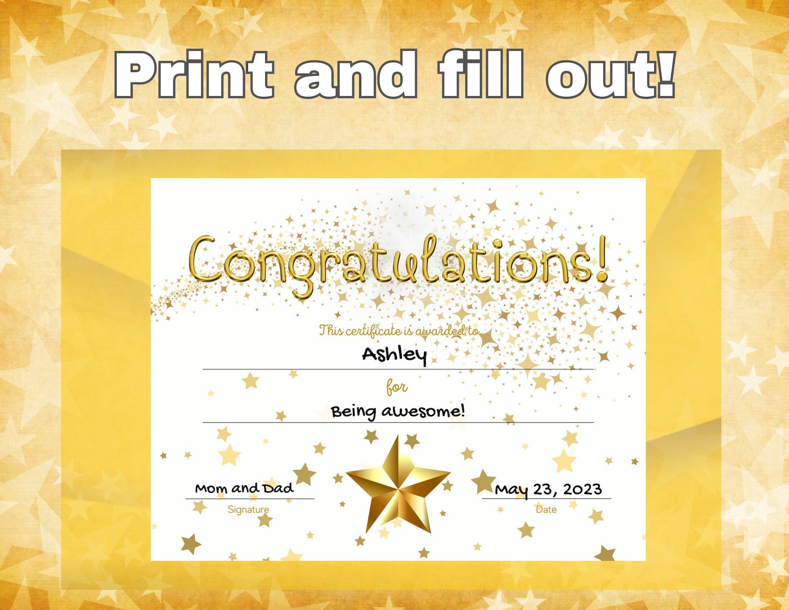 Editable Printable Award, Gold Star Certificate for Kids, Teacher ...