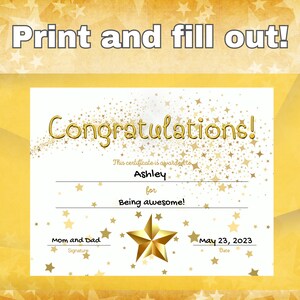 Editable Printable Award, Gold Star Certificate for Kids, Teacher ...