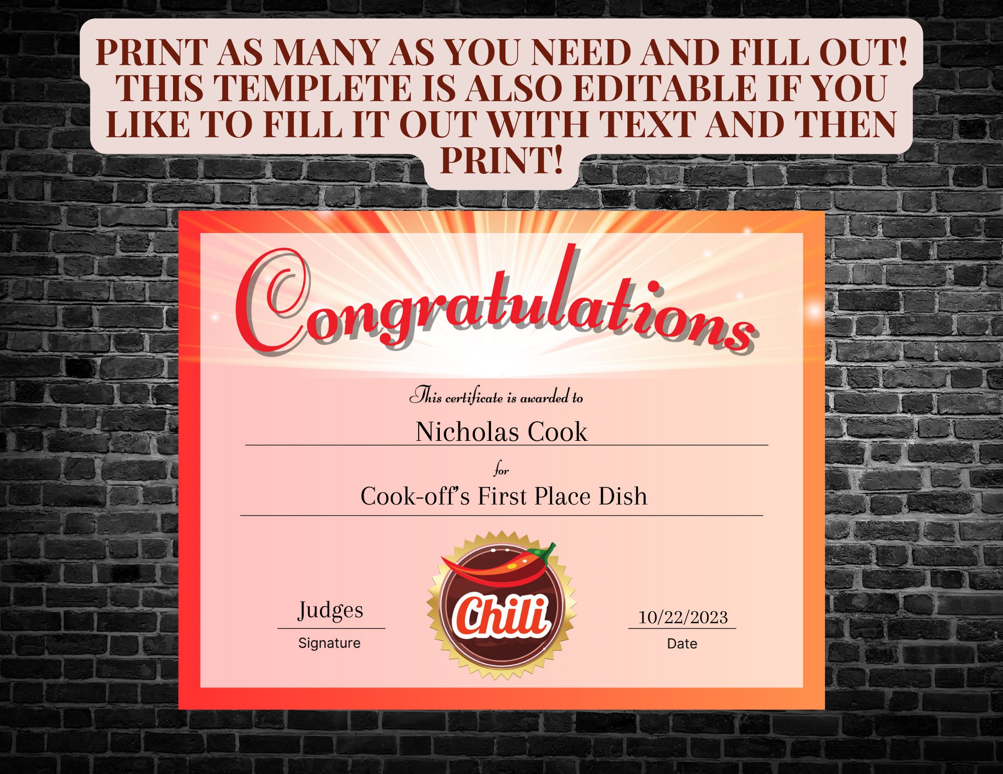 Printable Best Chili Cook-off Certificate Award, Winner of Games, Chili ...
