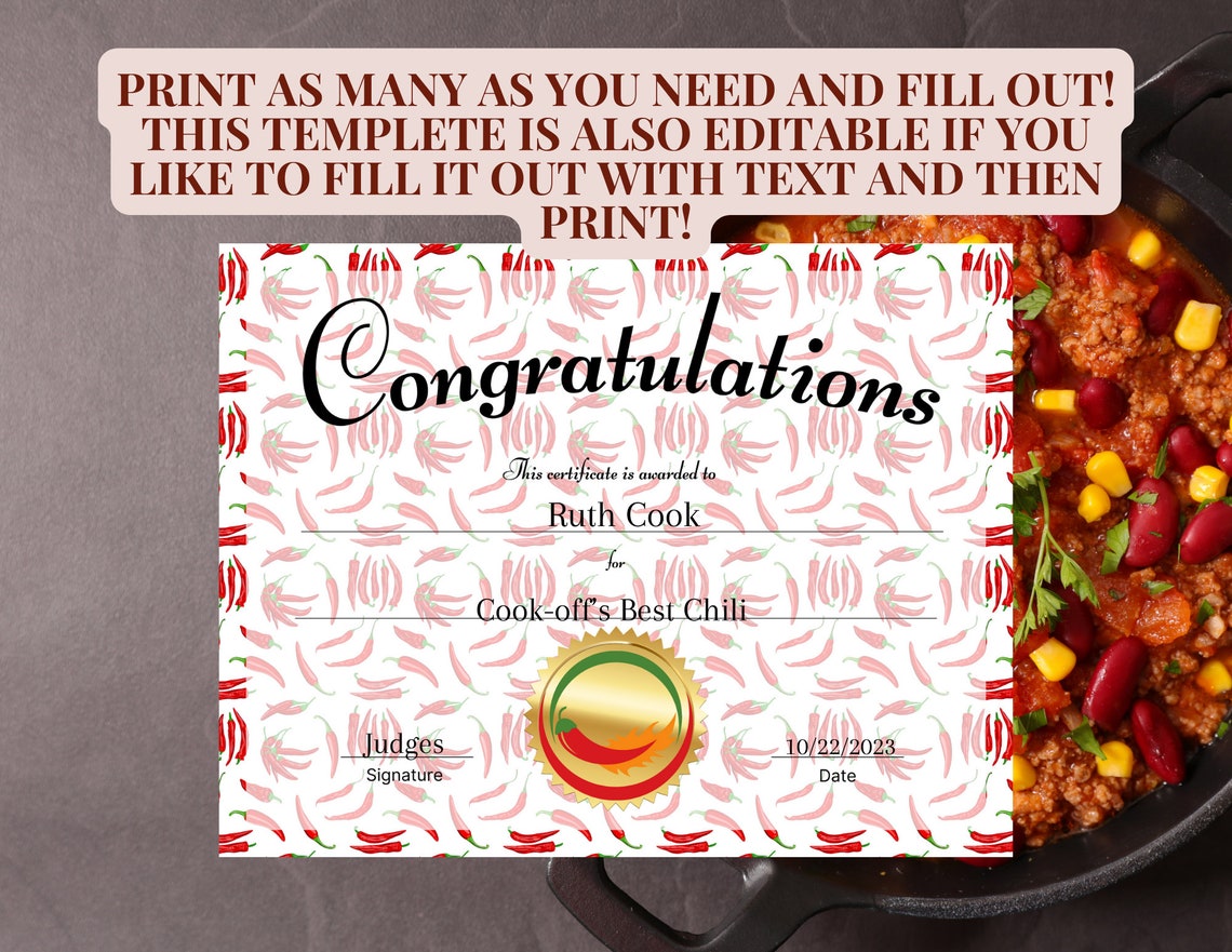 Printable Chili Cook-off Certificate Award, Winner of Games, Best Chili ...