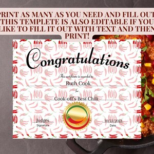 Printable Chili Cook-off Certificate Award, Winner of Games, Best Chili ...