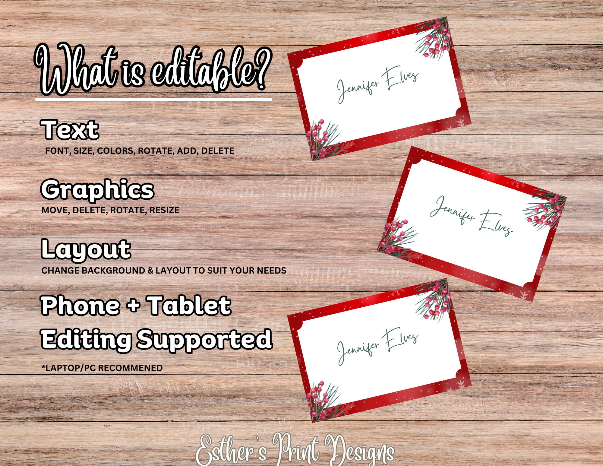 Christmas Dinner Place Card Template, Editable Canva Christmas Place ...