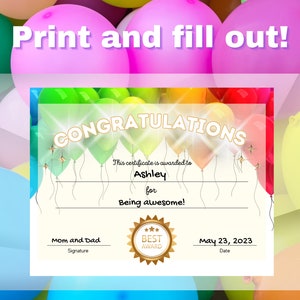 Colorful Rainbow Printable Certificate for Kids, Certificate of ...