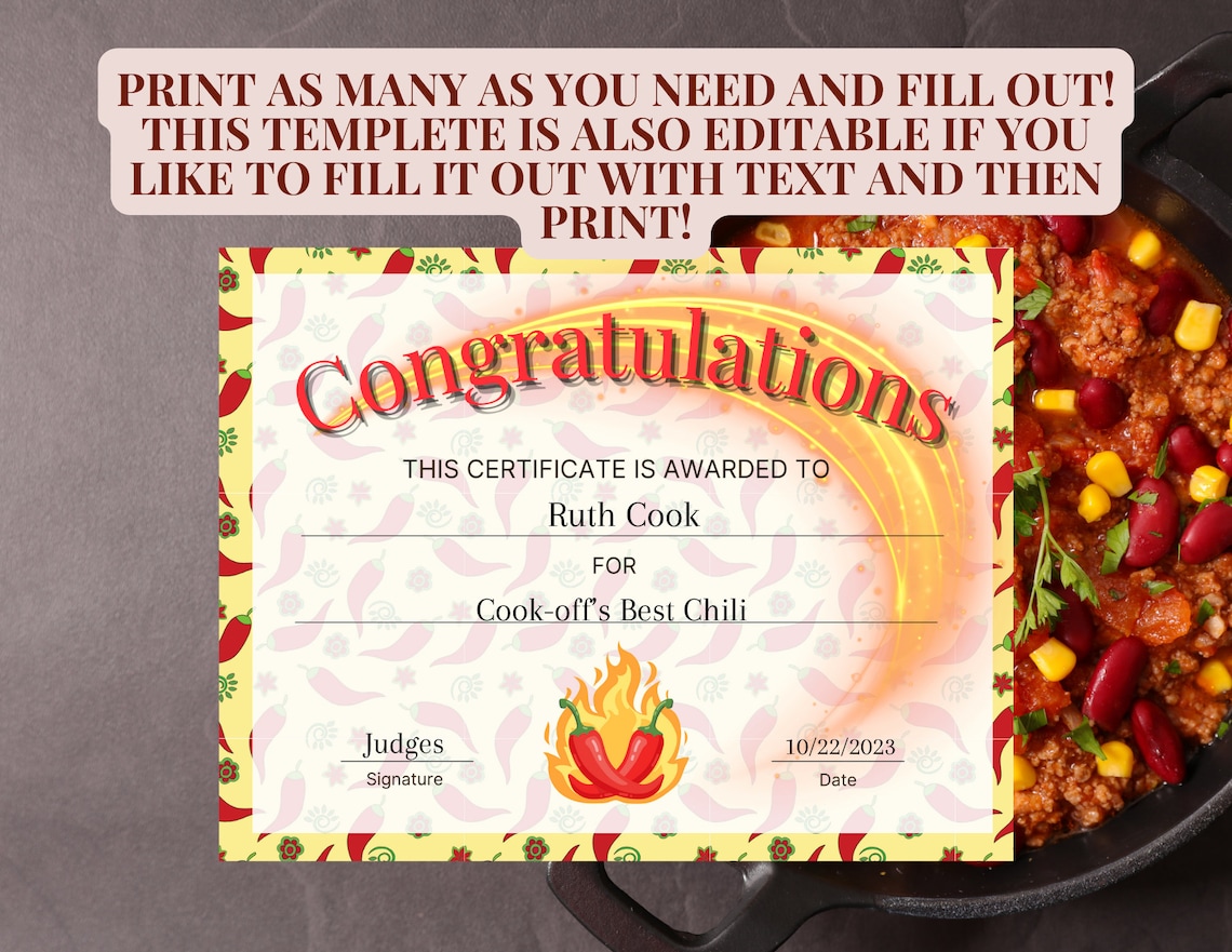 Printable Chili Cook-off Certificate Award, Winner of Games, Best Chili ...
