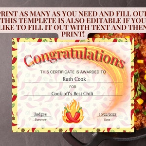 Printable Chili Cook-off Certificate Award, Winner of Games, Best Chili ...