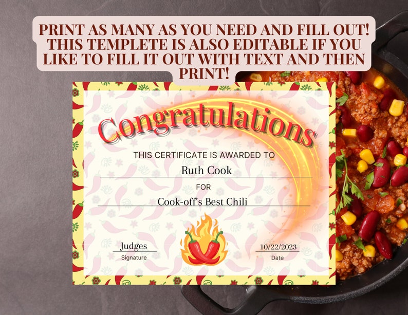 Printable Chili Cook-off Certificate Award, Winner of Games, Best Chili ...