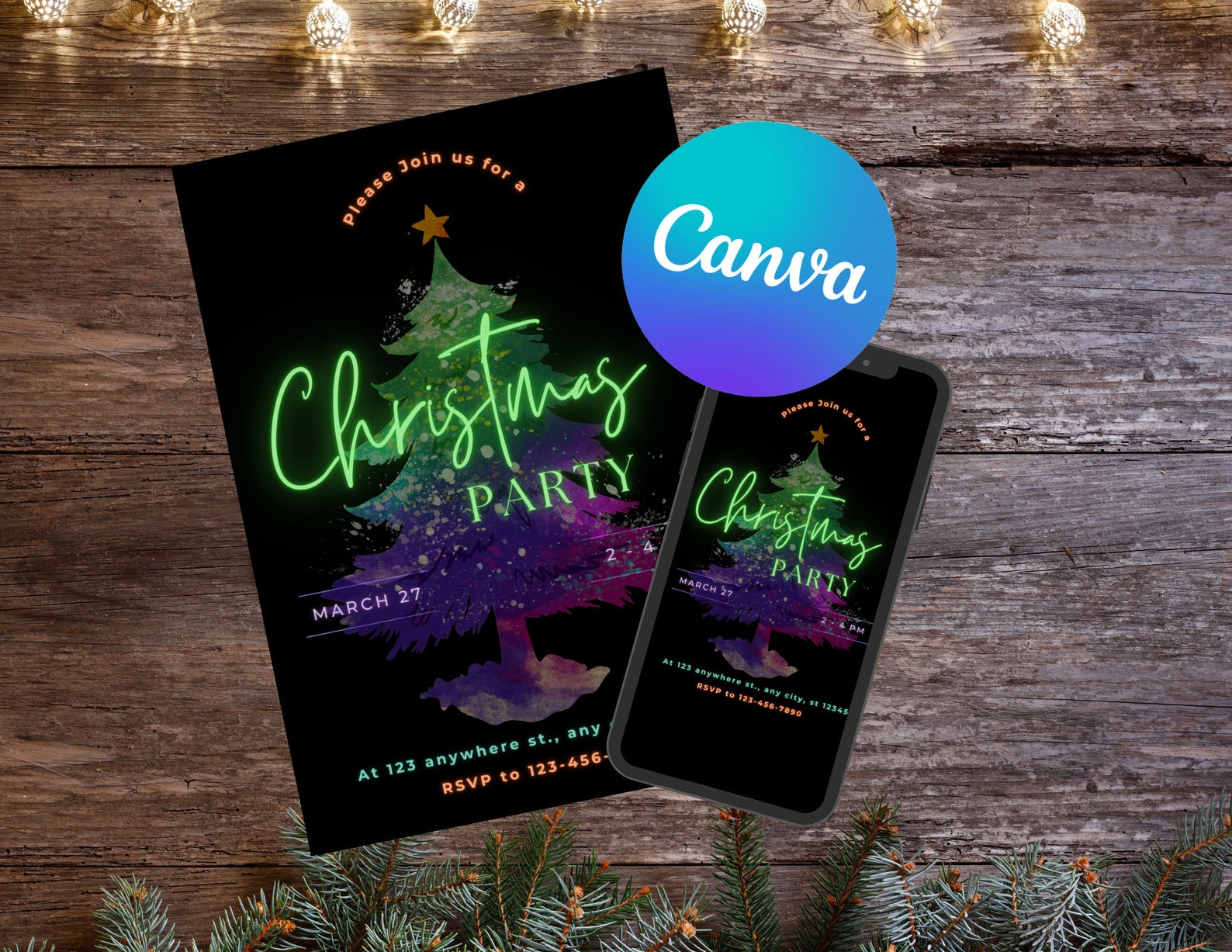 Editable Neon Christmas Party Invitation, Canva Template, Neon Holiday ...