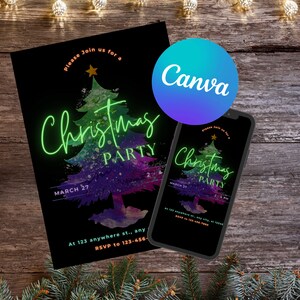 Editable Neon Christmas Party Invitation, Canva Template, Neon Holiday ...