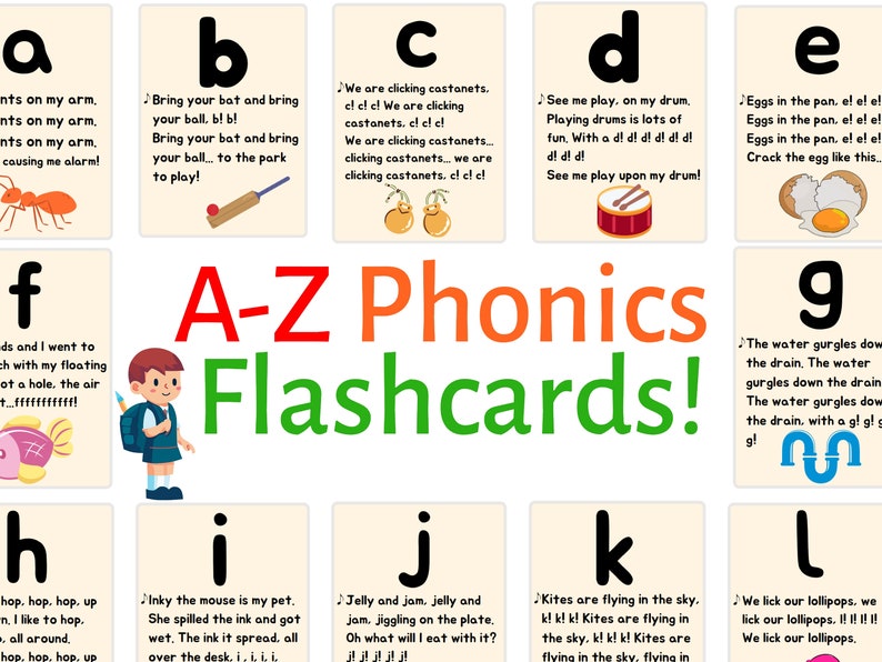 A-z Printable Phonics Flashcards With Phonics Song Lyrics - Etsy