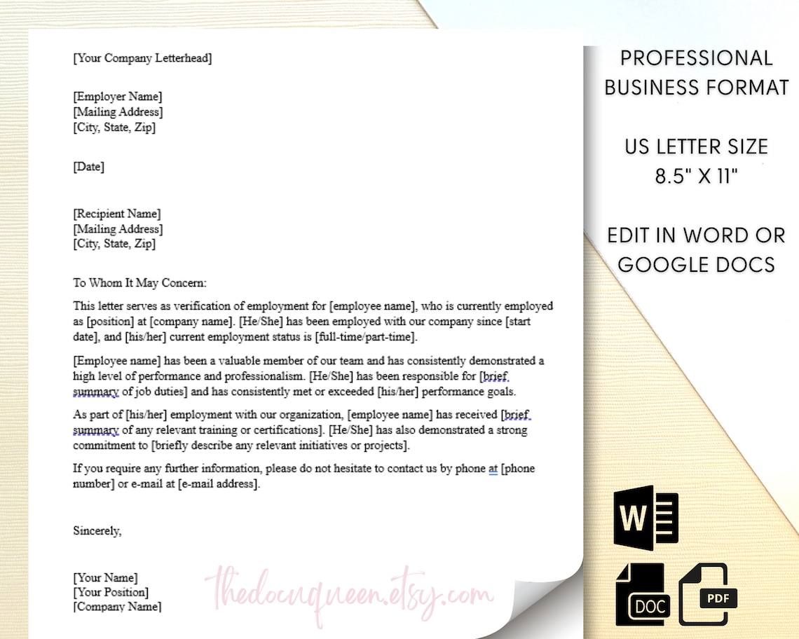 Employment Verification Letter Template - Etsy