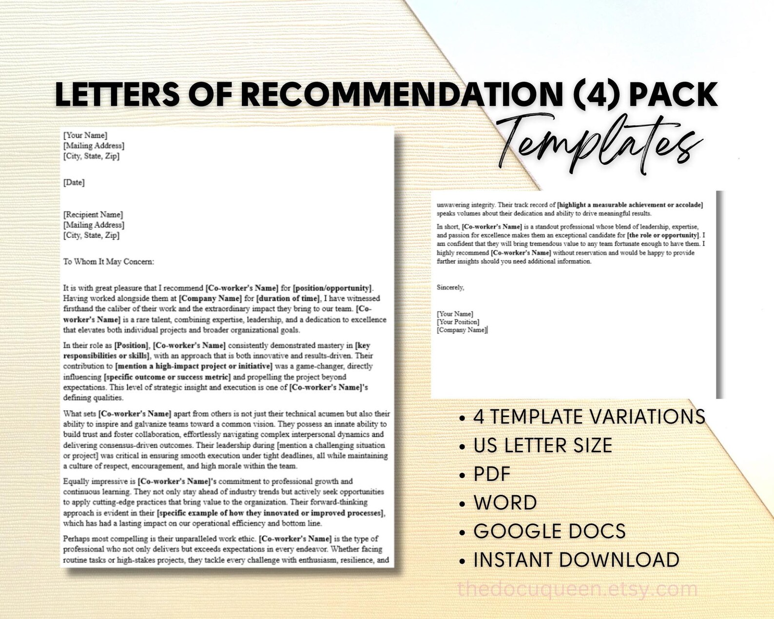 Letter of Recommendation (4 Pack) Templates - for Coworkers and ...