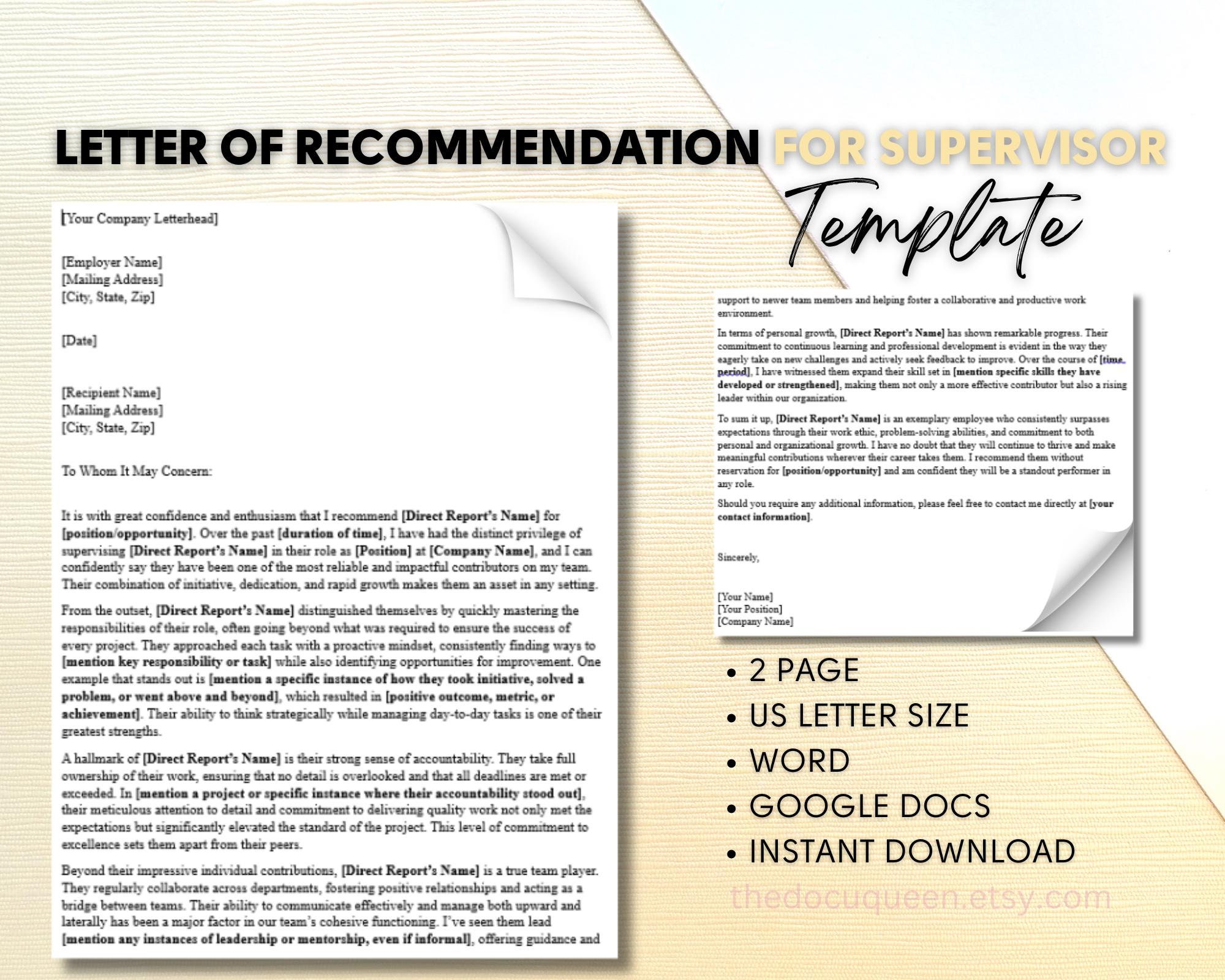 Letter of Recommendation - for Supervisors - Template 3 - Etsy