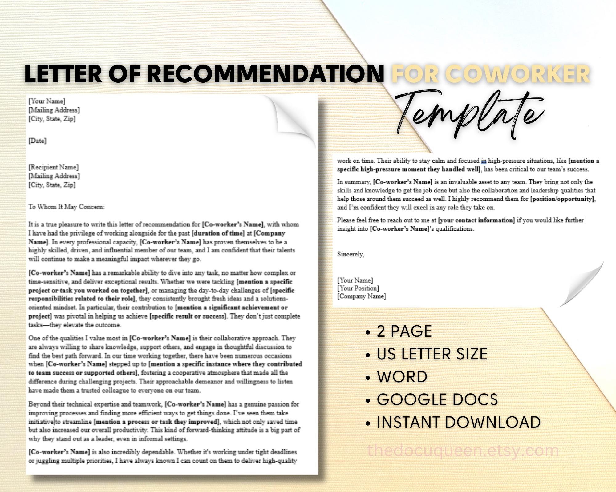 Letter of Recommendation - for Coworkers - Template 2 - Etsy