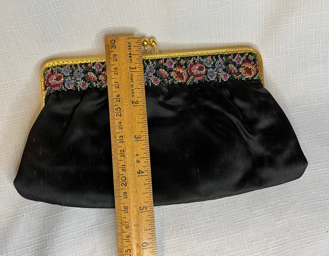 Vintage Petit Point Floral Clutch, Black and Gold, Satin - Etsy