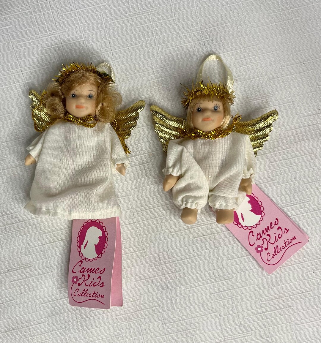 Vintage Cameo Kids Angel Doll Ornaments (2), Porcelain, Original Tags ...