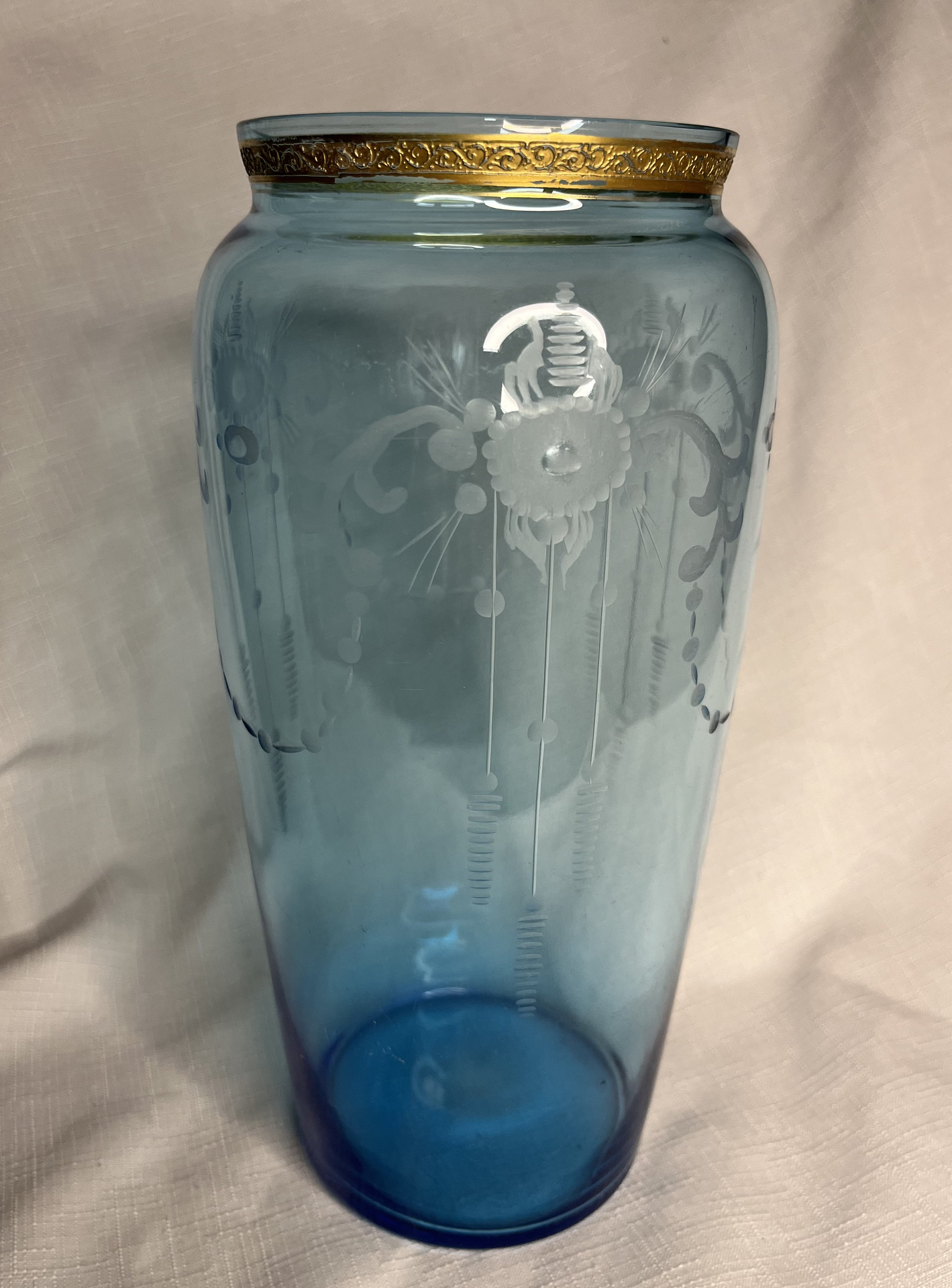 Stunning Vintage Hawkes Glass Vase, Cornflower Blue, Gilded, Wheelcut ...