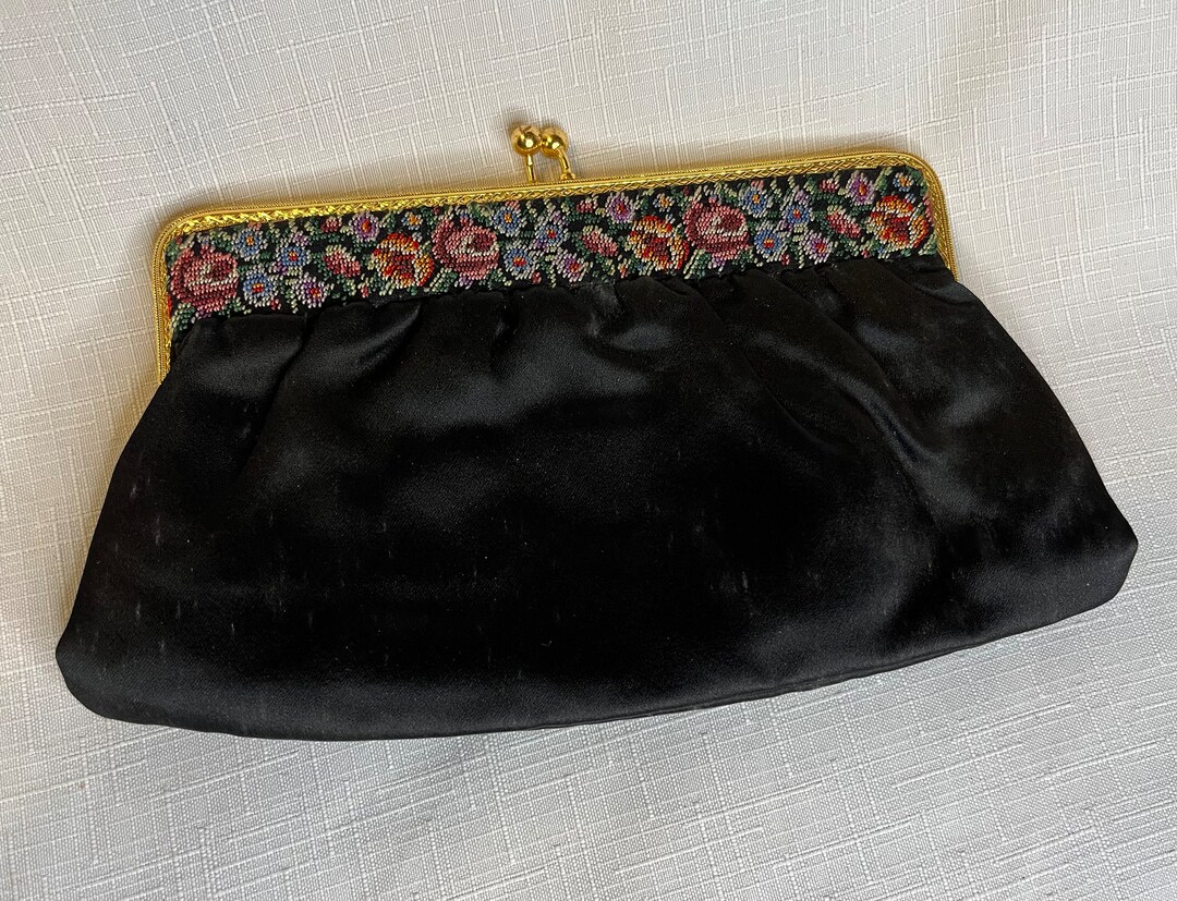 Vintage Petit Point Floral Clutch, Black and Gold, Satin - Etsy