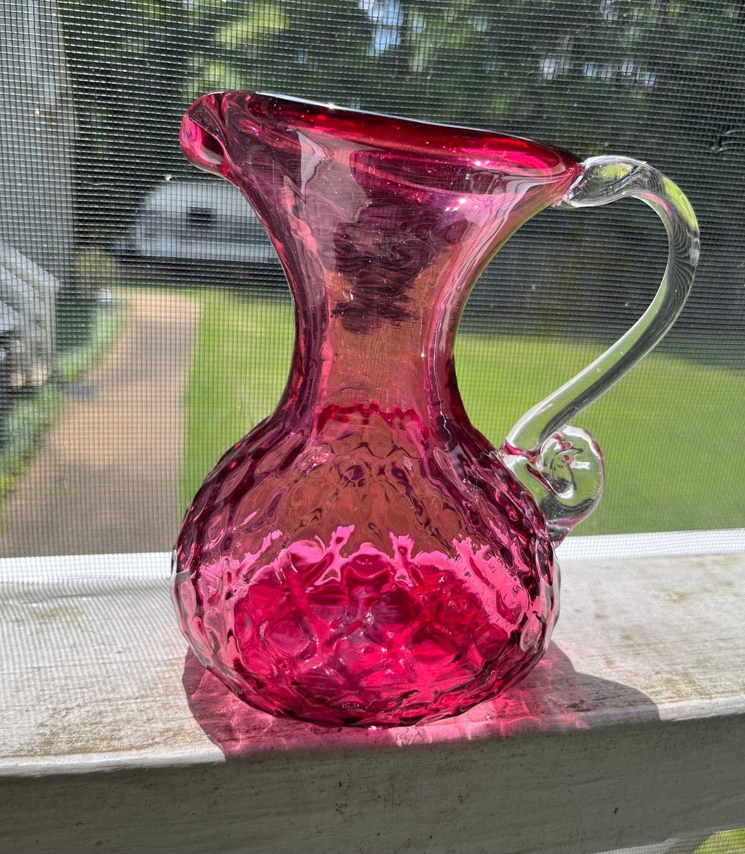 Handmade Cranberry Glass Pitcher, Optic Pattern, Clear Handle - Etsy