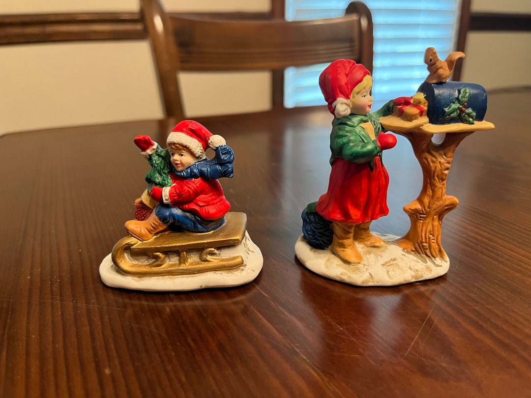 Russ Barrie & Co. Figurines, Boy on Sled, Girl and Mailbox, Porcelain ...