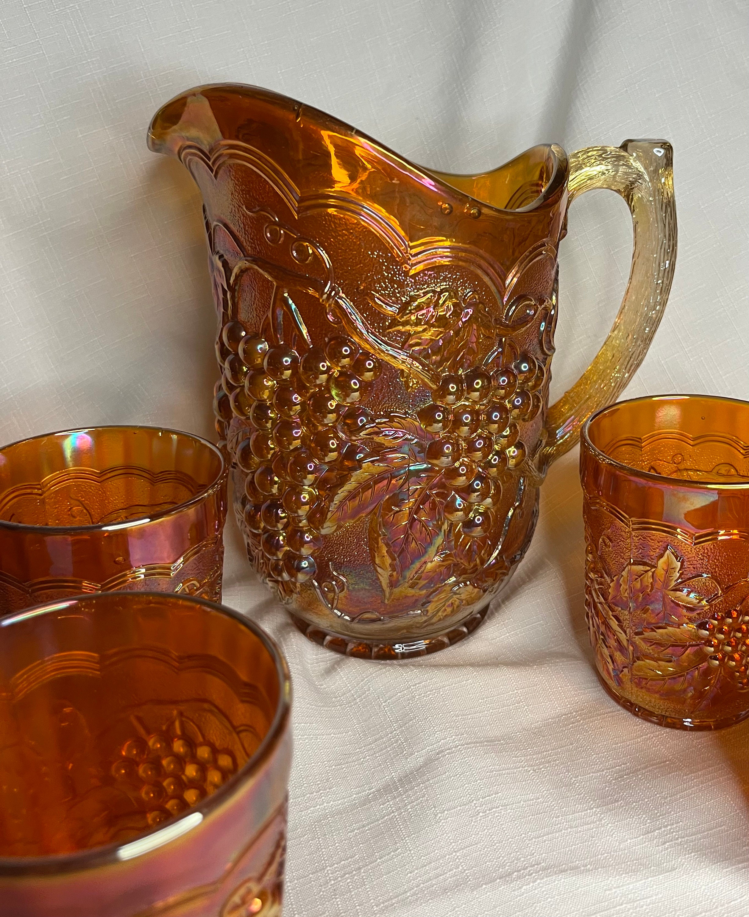 Marigold Carnival Glass Grape Pattern Pitcher and 4 Cups - Etsy