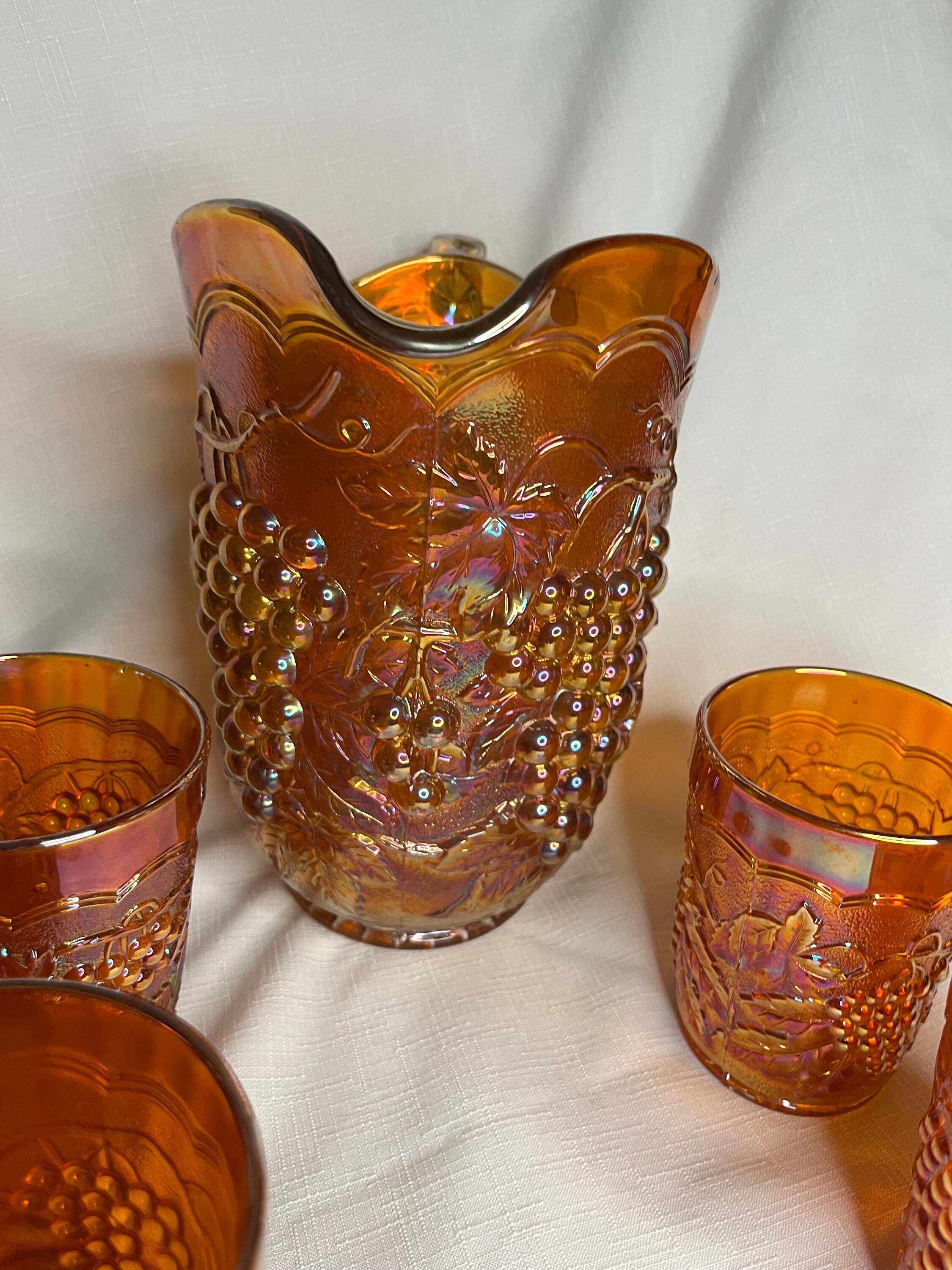 Marigold Carnival Glass Grape Pattern Pitcher and 4 Cups - Etsy