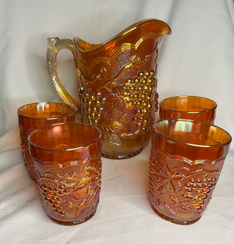 Marigold Carnival Glass Grape Pattern Pitcher and 4 Cups - Etsy