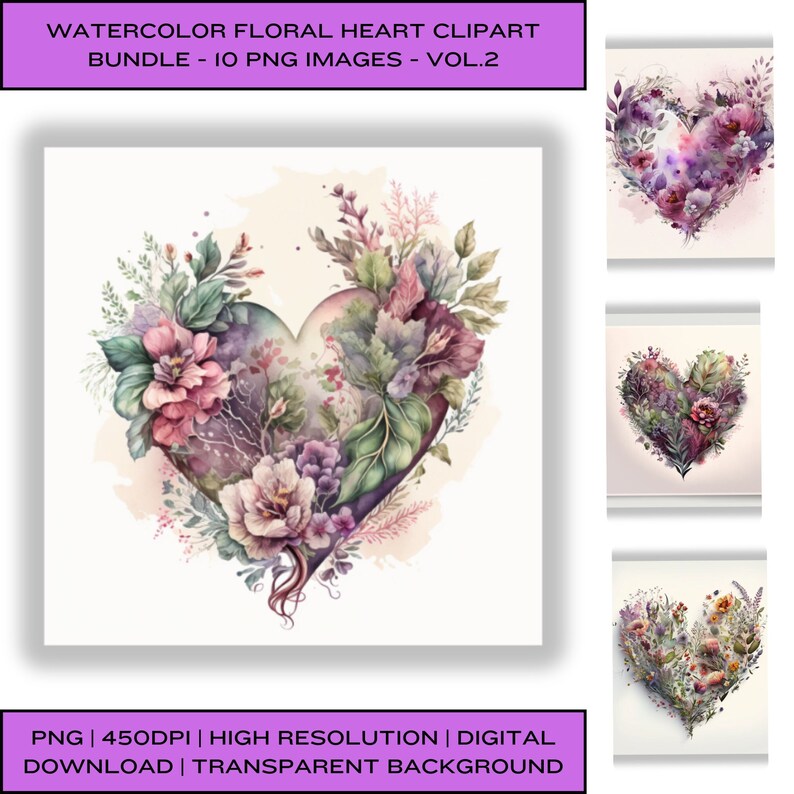 Watercolor Floral Heart Clipart Bundle Vol.2 10 Pngs for Sublimation ...