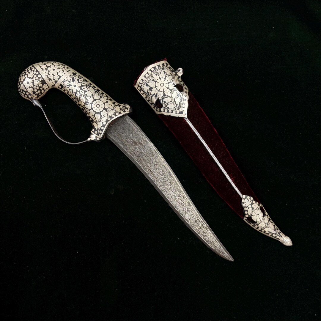 Vtg Mughal Islamic Indo-persian Silver Inlaid Round Damascus Khanjar ...