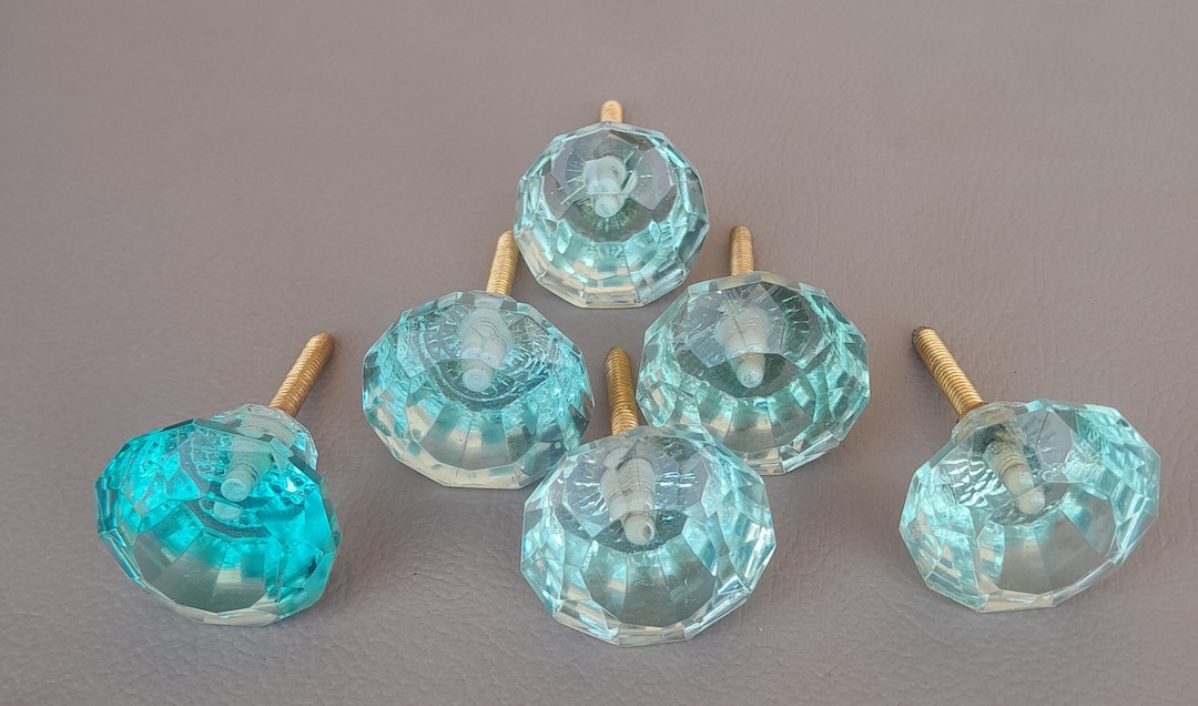 Vtg Aqua Blue Victorian Diamond Cut Glass Drawer Knob Handle Pull 6PC ...